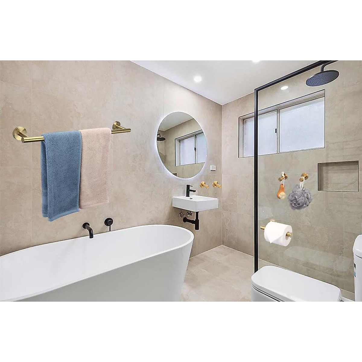 Vanloory 6 Pieces Bathroom Hardware Set 304 Stainless Steel-Towel Rack Set Include Hand Towel Bar+Toilet Paper Holder+4 Robe Towel Hooks Bathroom Accessory Towel Bar Set (Gold, 24IN)