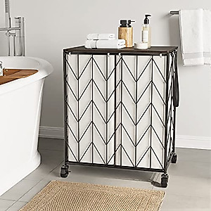 WOWLIVE Laundry Basket with Wheels, Heavy Duty Laundry Hamper with Wood Lid, Clothes Hamper with Divided Removable Liner Bag, Large Capacity Iron-Made Laundry Sorter Laundry Room Organization (Beige)