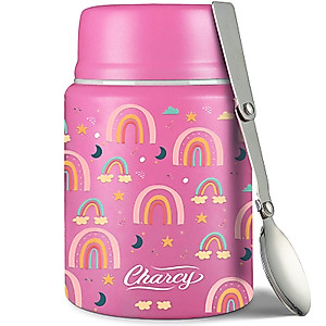 Charcy 17oz Kids Thermo for Hot Food - Soup Thermo with Folding Spoon - Insulated Food Jar for Hot & Cold Food - Pink Rainbow