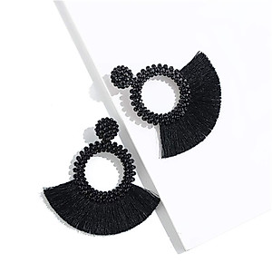 D.Rosse Handmade Bohemian Tassel Crystal Statement Drop Dangle Earrings for Women Hoop Fringe Lightweight Ear Jewelry Summer Accessories (Black)