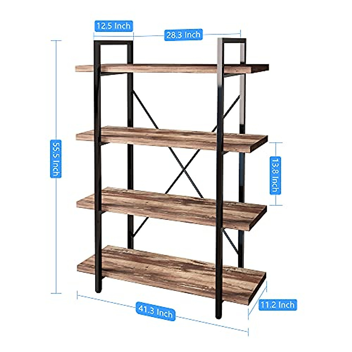 45MinST 4-Tier Vintage Industrial Style Bookcase/Metal and Wood Bookshelf Furniture for Collection,Vintage Brown, 3/4/5 Tier (4-Tier)