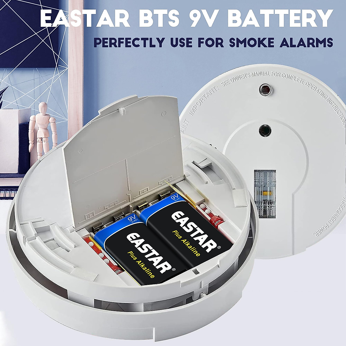 EASTAR BTS 9V Batteries - Alkaline 9 Volt Batteries (2 Pack) for Smoke Detectors, Long-Lasting Power for Low Drain Devices, 10 Year Shelf Life, All-Purpose Square Batteries 6LR61 for Household Office