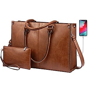 LOVEVOOK Laptop Bag for Women, 15.6 inch Laptop Tote Work Bags with USB Charging Port, Vintage Leather Computer Bag