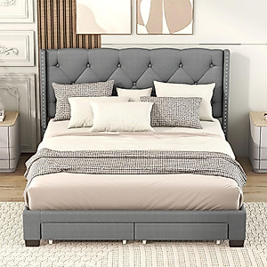 ALYSAHOME Upholstered Queen Size Platform Bed with Storage for Kids,Adults Bedroom,Linen Fabric Bedframe w/Two Drawers & Tufted Nailed Headboard,Space Saving Design & No Box Spring Needed, Gray