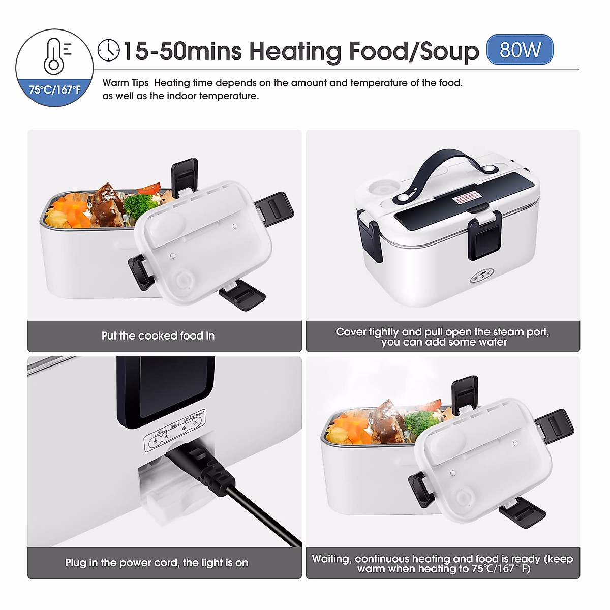 FCCABIN Electric Lunch Box, 1.8L Larger 80W Quick Food Heater for Adults, Self Heating Lunch Box Portable for Taxidriver/Men/Truckers/Car/Worker Food Warmer Hot Lunch Container with 0.5L Compartment