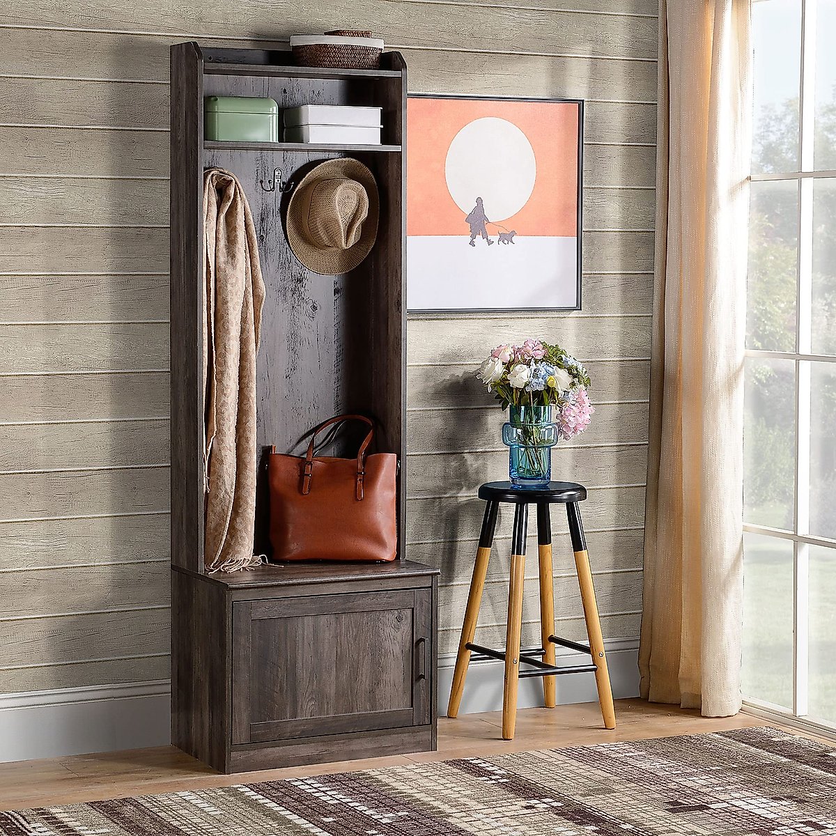 HOMCOM Narrow Hall Tree with Shoe Storage Bench, Rustic Entryway Bench with Coat Rack, Accent Coat Tree with Storage Shelves for Hallway, Mudroom, Brown