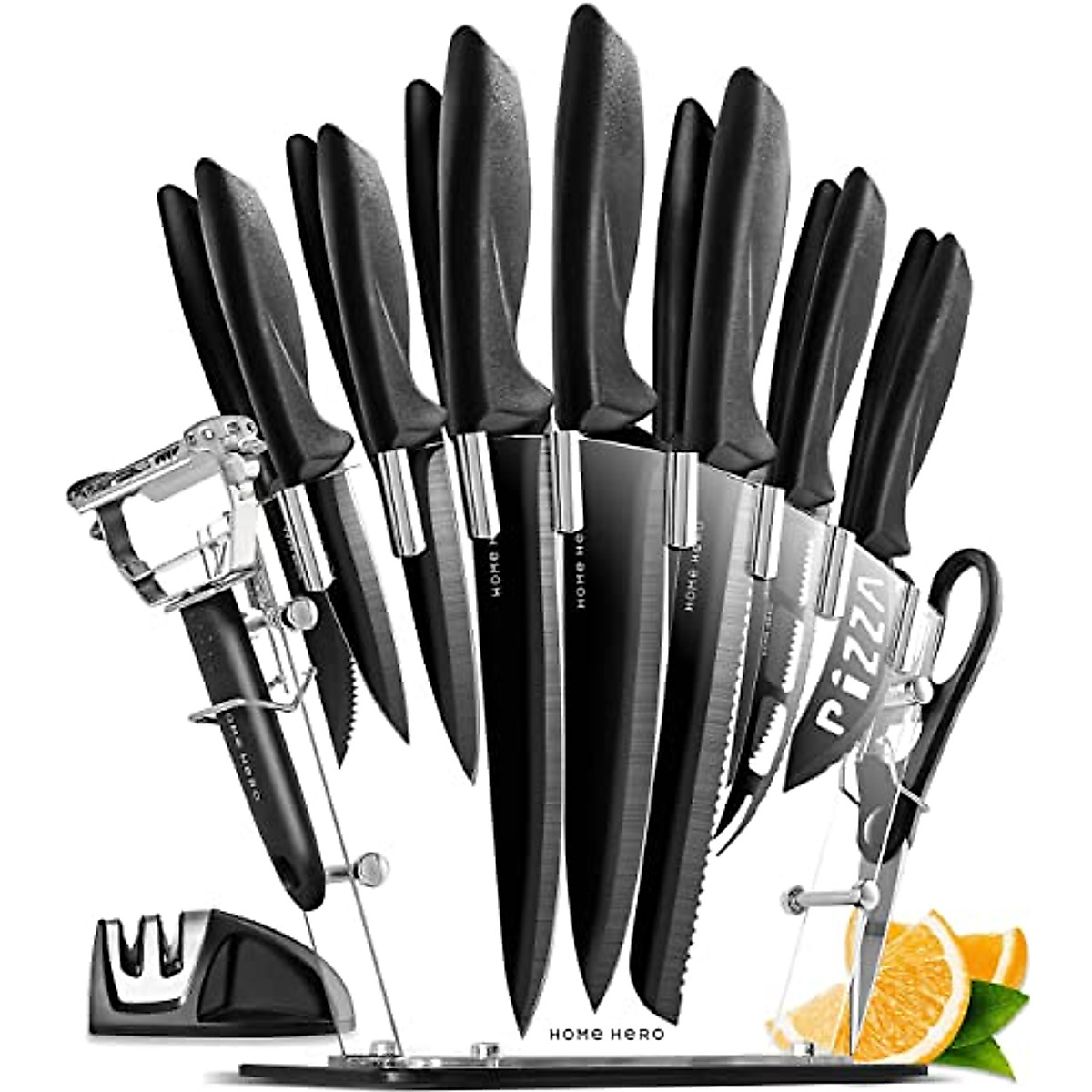 Home Hero Kitchen Knife Set, Steak Knife Set & Kitchen Utility Knives - Ultra-Sharp High Carbon Stainless Steel Knives with Ergonomic Handles (17 Pc Set, Black)