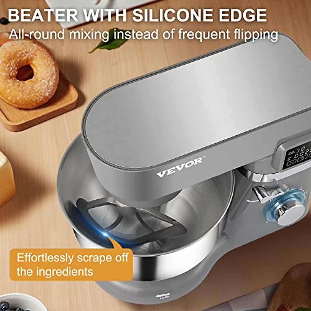 VEVOR Stand Mixer, 660W Electric Dough Mixer with 6 Speeds LCD Screen Timing, Tilt-Head Food Mixer with 5.8 Qt Stainless Steel Bowl, Dough Hook, Flat Beater, Whisk, Scraper, Splash-Proof Cover - Gray