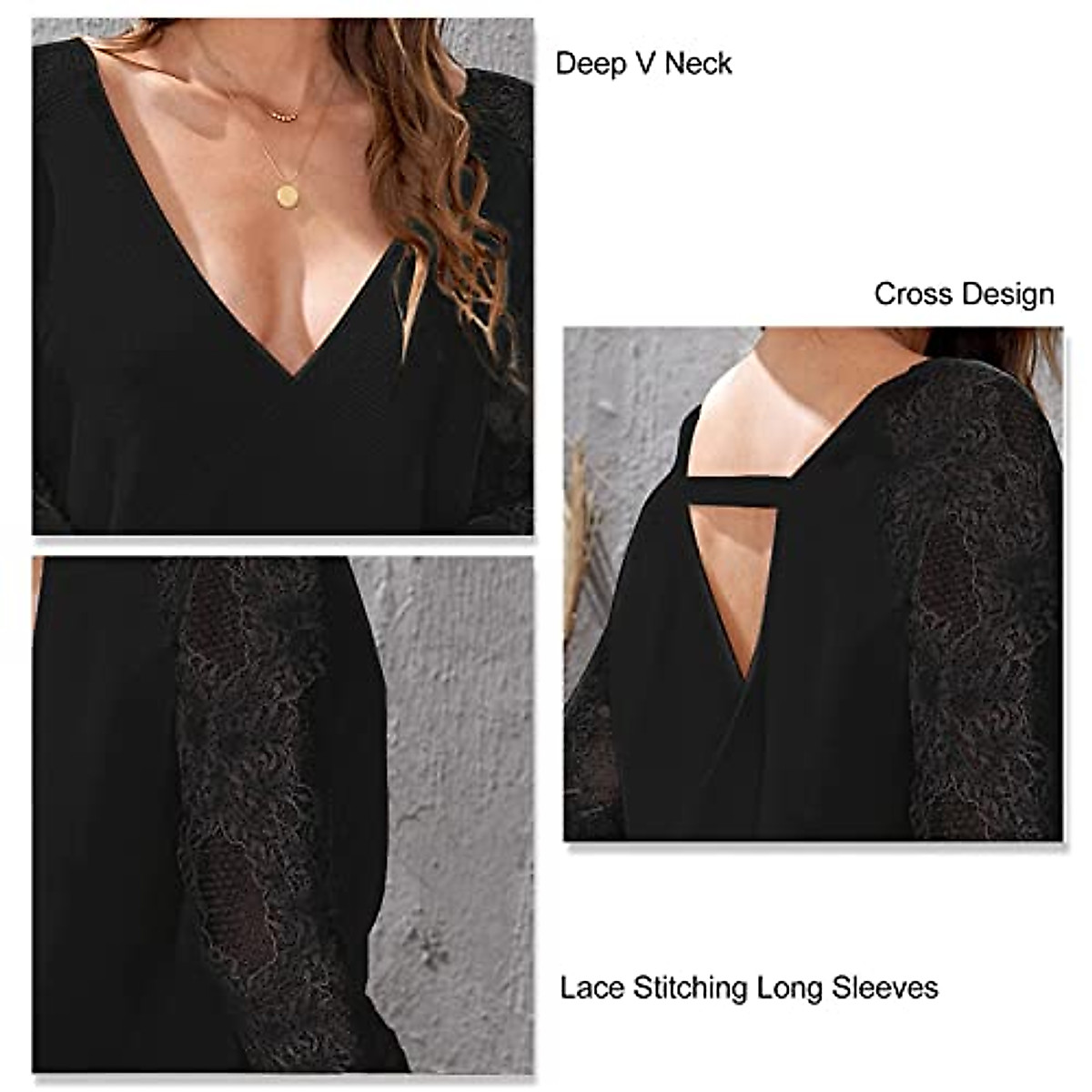 Womens Cross Wrap V Neck Lace Stitching Long Sleeve Knit Pullover Sweater for Fall Winter(S-Black)