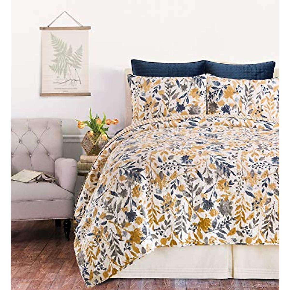 C&F Home Natural Home Full Queen Cotton Quilt Set All-Season Oversized Reversible Floral Leaves Bedding 3 Piece with Shams Full/Queen 3 Piece Set Yellow