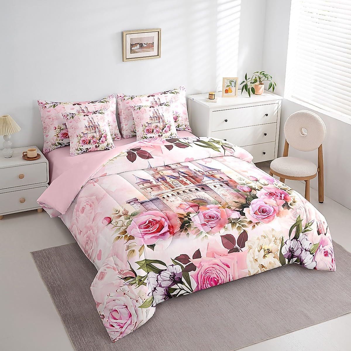 Manfei Girls Princess Full Bedding Set 7 Pieces,Cartoon Castle Pink Comforter Sets,Blooming Flowers Bedding Comforter Sets with 1 Comforter,2 Pillowcases,2 Pillow Covers,1 Flat Sheet,1 Fitted Sheet