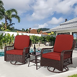 MAGIC UNION Rattan Rockers Outdoor Furniture 3 Piece, Rocking Chairs Wicker Patio Bistro Set with Side Table, Outdoor 360°Swivel Rocker Chairs with Padded Cushions (Dark Red)