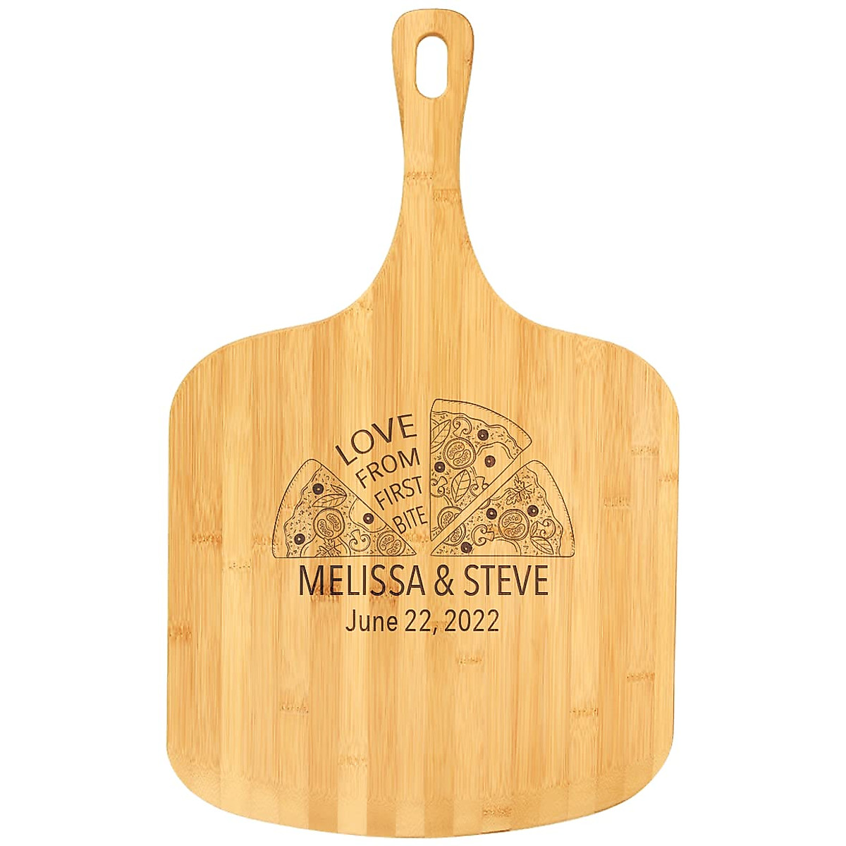 Personalized Bamboo Pizza Board with Handle Customized Wood Serving Cutting Pizza Board with Engraved Custom Name Monogram – Wedding, Anniversary, Housewarming, Birthday, Mom, Dad Gift