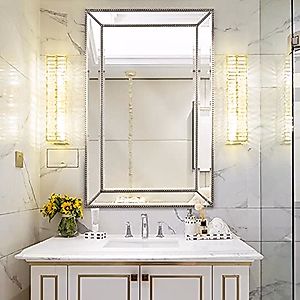 Head West Champagne Silver Metro Beaded Glass Framed Vanity Mirror for Bathroom - Large Beveled Edge - Wall Mirror with 4 D-Ring Hangers for Horizontal & Vertical Installation - 24"x 36"