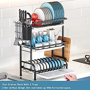 DUANFEE Dish Drying Rack for Kitchen Counter, 3 Tier Dish Rack with Drainboard, Large Dishes Racks Rustproof Dish Dryer Rack, Black