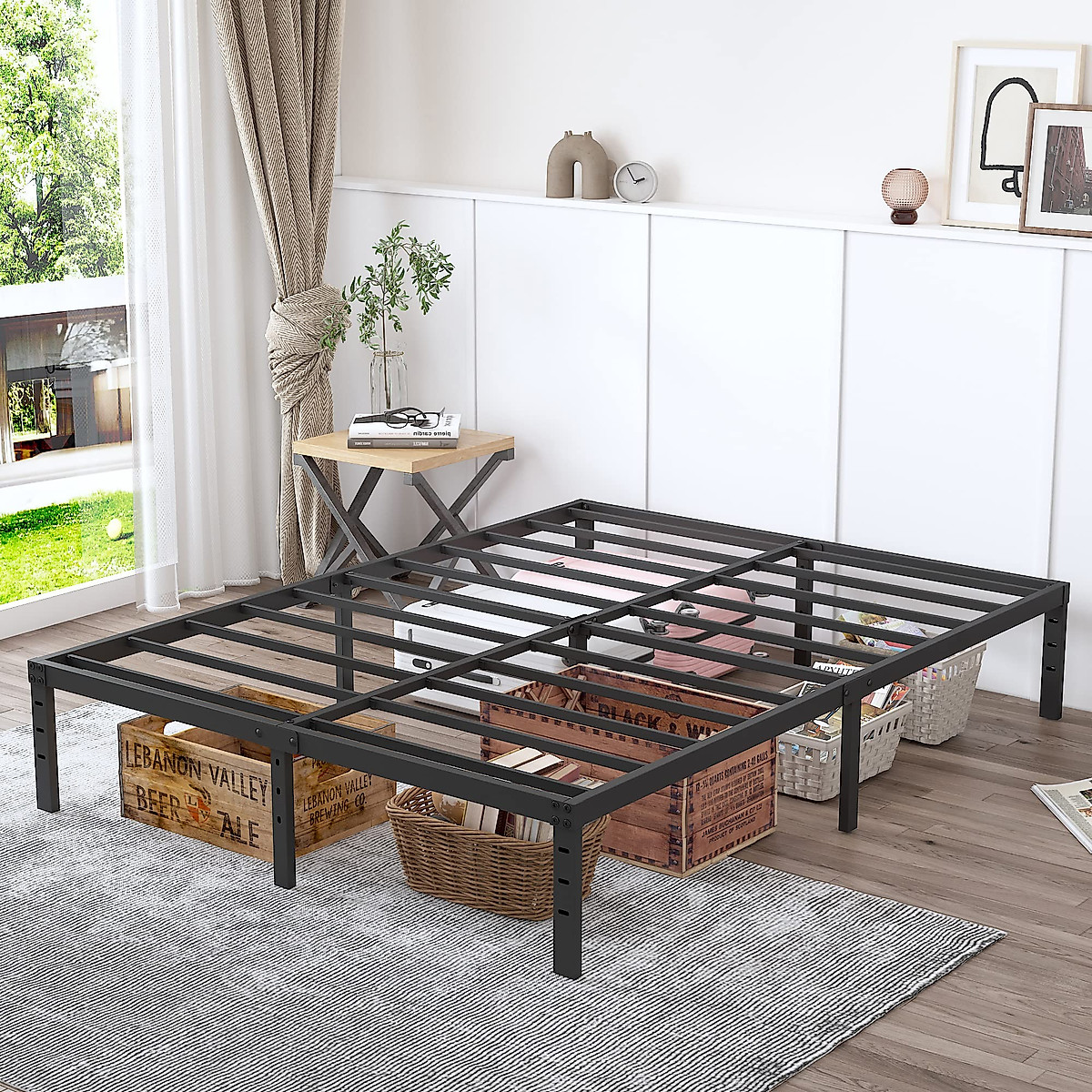 YUSENHEEI Queen Size Bed Frame 16 Inches High Metal Platform Bedframe with Slat Strips Easy Assembly Heavy Duty Strong No Need Box Spring Noise Free Non-slip Large Storage Space Underbed