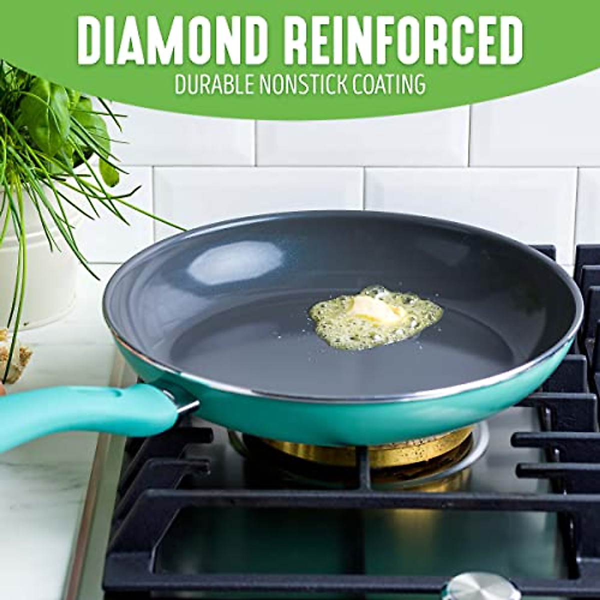 GreenLife Soft Grip Diamond Healthy Ceramic Nonstick, 7" and 10" Frying Pan Skillet Set, PFAS-Free, Dishwasher Safe, Turquoise