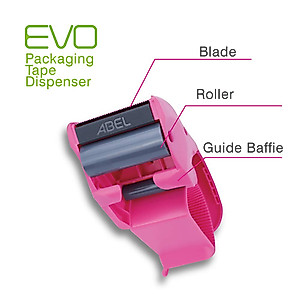 ABEL EVO Packing Tape Dispenser, Pink, 2 Inch Wide Ergonomic Tape Gun, Shipping Moving Mailing Box Sealing Carton Packaging, Lightweight Hand-held Heavy Duty Tape Cutter