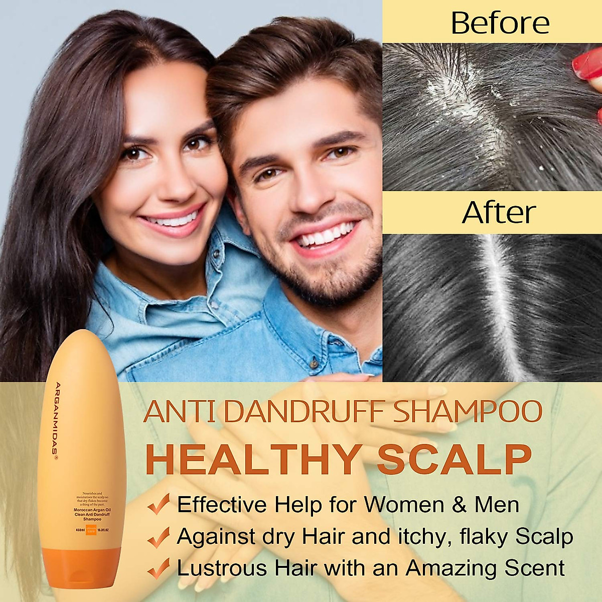 ARGANMIDAS Anti-Dandruff Moisturizing Shampoo for Dry, Flaky and Itchy Scalp - Treats and Prevents Dandruff for Women and Men, 15.3 Fl Oz