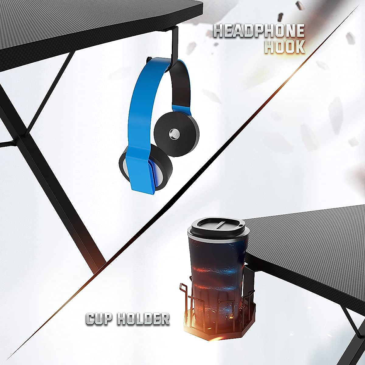 JOY worker Gaming Desk with LED Lights, 43 Inch Z-Shaped Gaming Computer Desk, Carbon Fiber Surface Home Office Game Table with Handle Rack, Cup Holder and Headphone Hook, Black