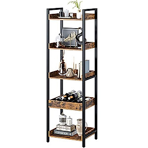 Rolanstar Bookshelf, 5-Tier Storage Rack, Narrow Corner Bookshelf, Display Wooden Shelves for Living Room, Bathroom, Balcony, Kitchen,Rustic Brown