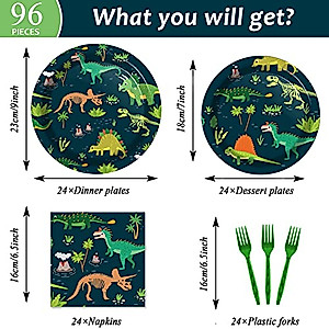 96 Pcs Dinosaur Party Supplies Fossil Dinosaur World Tableware Set Dinosaur Theme Plates Napkins Party Decorations Dino Dinnerware for Boys Kids Birthday Baby Shower Tableware Party Favors 24 Guests