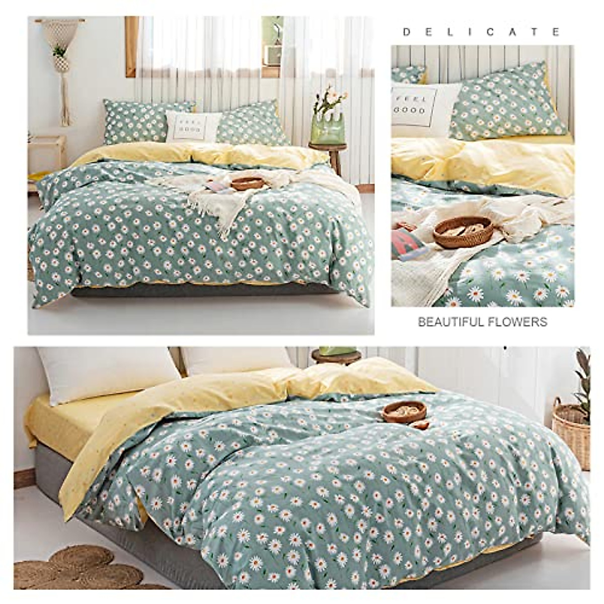 Sage Green Floral Duvet Cover Twin Soft Cotton Bedding Set Daisy Floral Printed on Green Bedding Duvet Cover, Modern Botanical Comforter Set with Zipper Closure