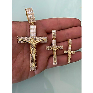 HarlemBling Real 925 Sterling Silver - 14k Gold Finish - Iced Baguette Cross W. Jesus Pendant - 3 Sizes Great For Any Necklace 1-2.5" (Medium 1.5")