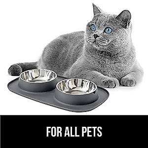 Gorilla Grip Slip Resistant Pet Bowls and Silicone Feeding Mat Set, Catch Water and Food Mess, Raised Edges for No Spills, Stainless Steel Cat and Dog Dish Bowl for Small and Large Pets, 2 Cups Gray