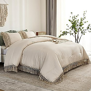 Andency King Size Comforter Set Beige, 3 Pieces Boho Tassel Lightweight Soft Bedding Comforter Sets for King Bed, All Season Fluffy Bed Set (104x90In Comforter & 2 Pillowcases)
