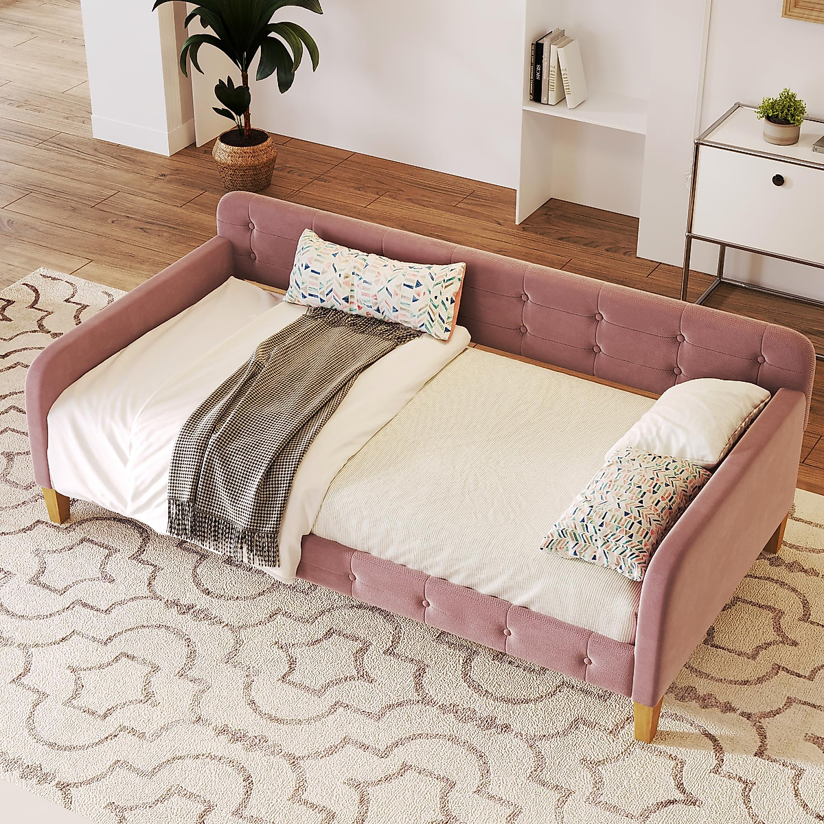 OUYESSIR Twin Size Upholstered Daybed, Comfy Wooden Velvet Fabric Day Bed Frame with Tufted Button for Kids Adults Boys Girls, Pink