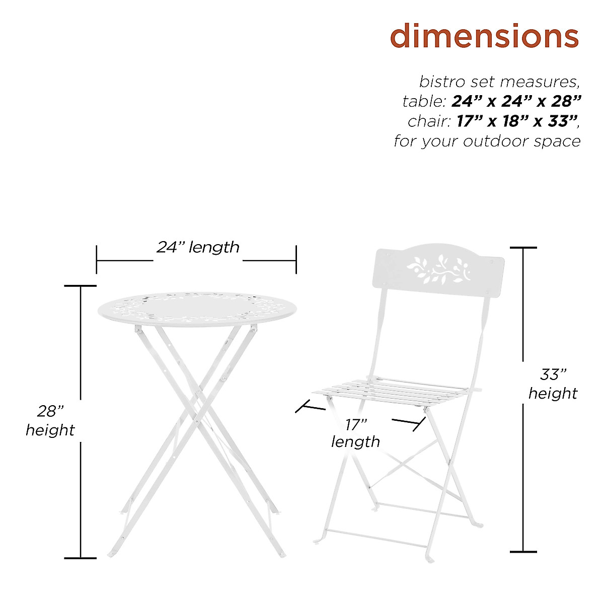 Alpine Corporation MSY100A-WT Alpine Bistro Set, Table: 24" L x 24" W x 28" H Chair: 17" L 18" W x 33" H, White