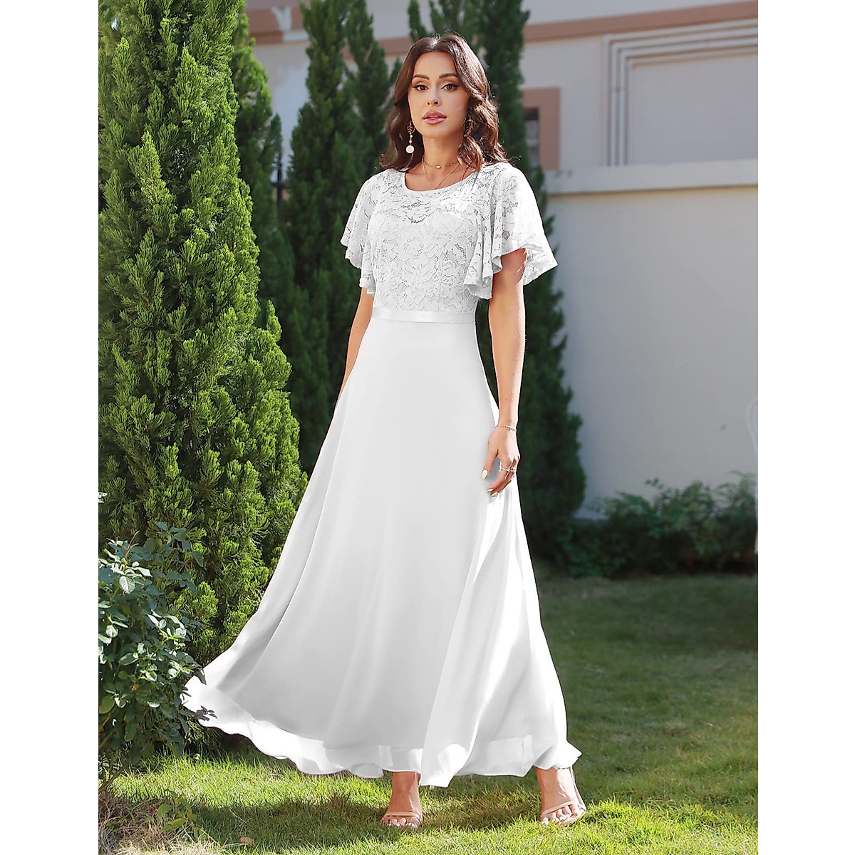 DRESSTELLS Chiffon Formal Wedding Guest Dresses for Women, Romantic V-Back Short Sleeve Maxi Bridesmaid Prom Party Evening Cocktail Dress for Teens, 2025 Spring, White S