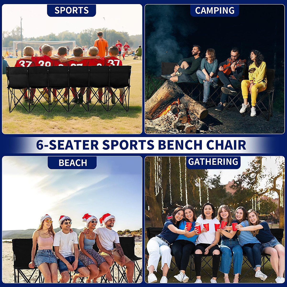NAIZEA 6-Seater Sports Bench, Folding Bench Chair Sideline Bench with Back, Stadium Seats Camping Chairs Portable Team Bench for Soccer & Football Sidelines, Tailgating, Camping & Events