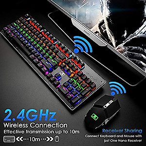 Wireless Gaming Keyboard and Mouse Combo with 104 Key Rainbow LED Backlight Rechargeable 4600mAh Battery Mechanical Keyboard Anti-ghosting Ergonomic RGB Mute Mice for Computer PC Gamer (Blue Switch)