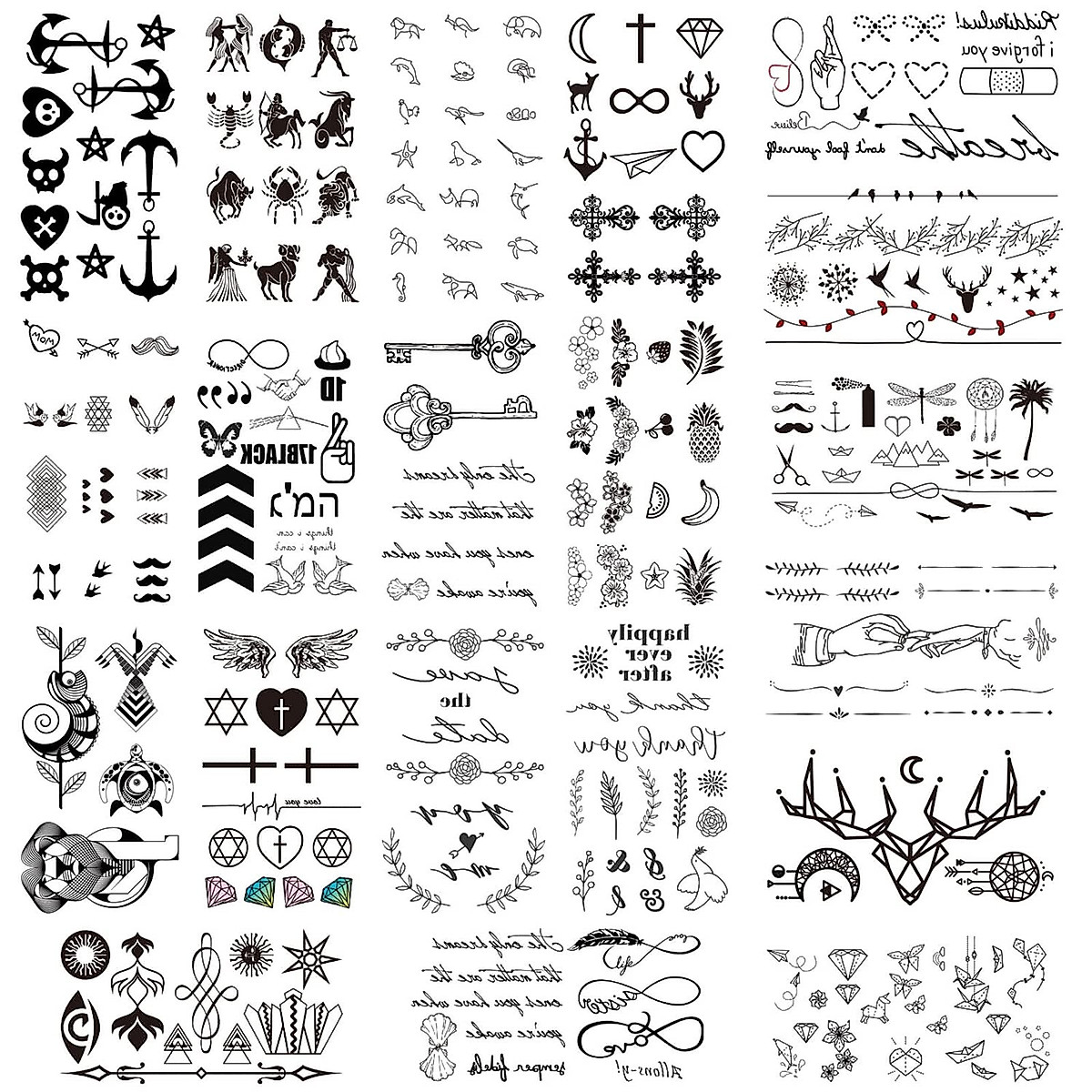 Glaryyears Fake Tiny Temporary Tattoo, 20 Pack Black Sketch Ink Line Small Tattoos Stickers, Various Styles for Fun Party Supplies Vacation on Body Face Hand Wrist