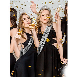 Ferraycle Miss Halloween 2024 Crown and Sash Cosplay Costume Kit for Women Silver Crystal Tiara Rhinestone Crown Princess Crown Headband Halloween Queen Sash for Party Decorations