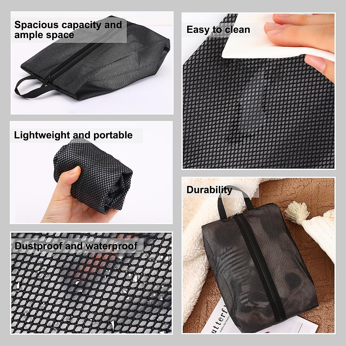 Fixwal Shoe Bags for Travel, 2 Pack, Translucent, Medium, Black, Waterproof Travel Shoe Bags for Packing