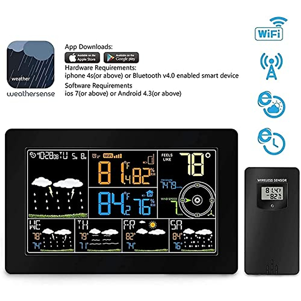 EYEARN Weather Station Wireless Indoor Outdoor Thermometer, Color Display Digital Weather Thermometer with Atomic Clock, Durable, Simple to use, Stable Performance