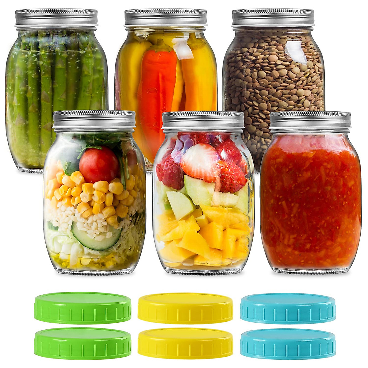 32 oz Wide Mouth Mason Jars with Metal Lids & Plastic Lids, Quart Size Clear Glass Jars for Preserving, Meal Prep, Salad, Canning, Fermenting, Favors, Home Decor, DIY - 6 Pack1 +1