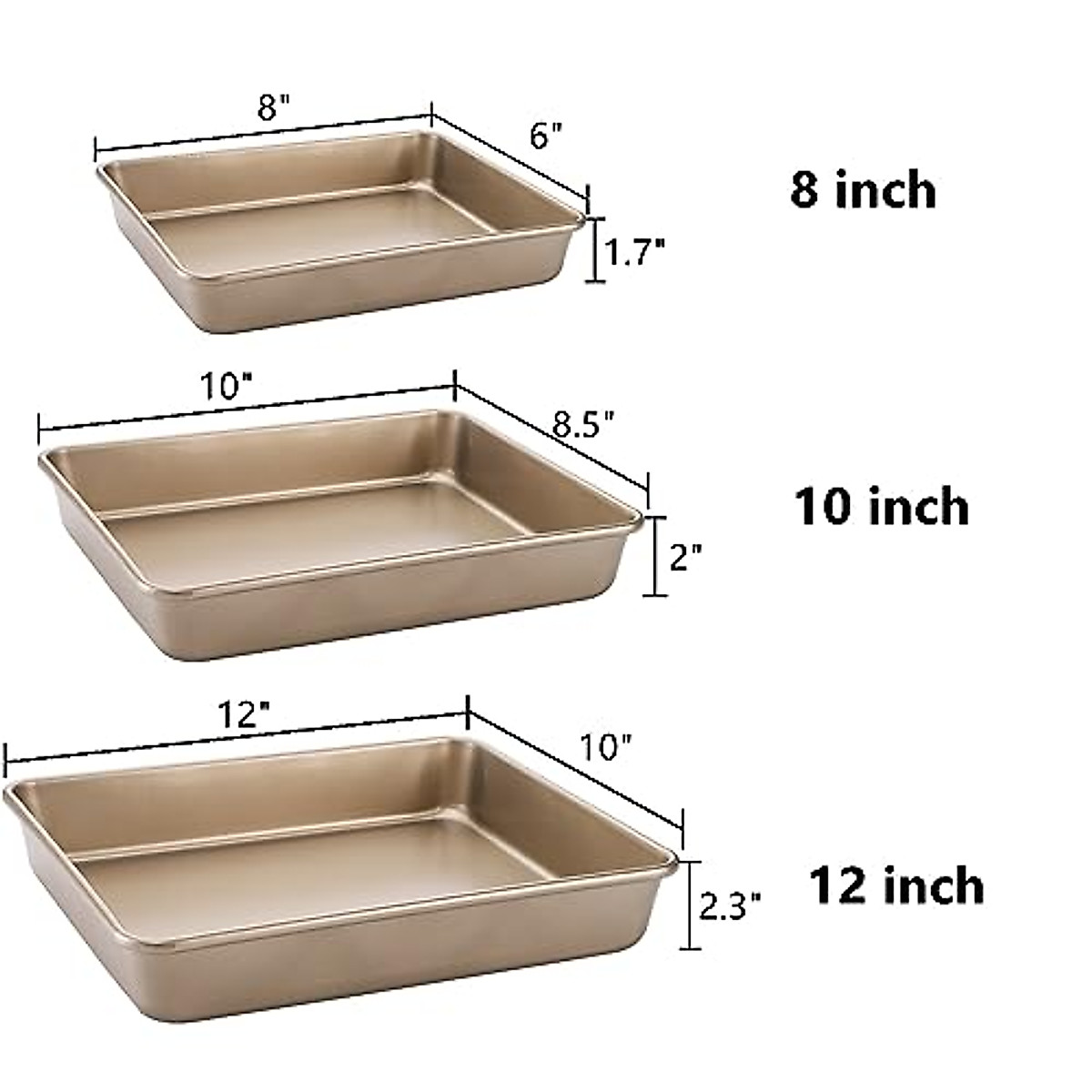 Dicunoy Set of 3 Baking Pans Set, Nonstick Rectangle Cake Baking Sheet for Oven, Bakeware Bread Pans, Heavy Duty Carbon Steel Bread Tray, Bake Mold Turkey Roasting Pan, 8,10,12 inch