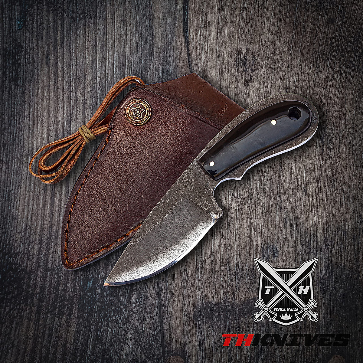 TH knives Handmade1095 High Carbon Steel Neck knife, Vintage Fixed Blade Hunting knife, Full Tang Blade Pocket knife with Black Resin Handle, Utility knife, Leather sheath Included (1095 Steel Black Resin)