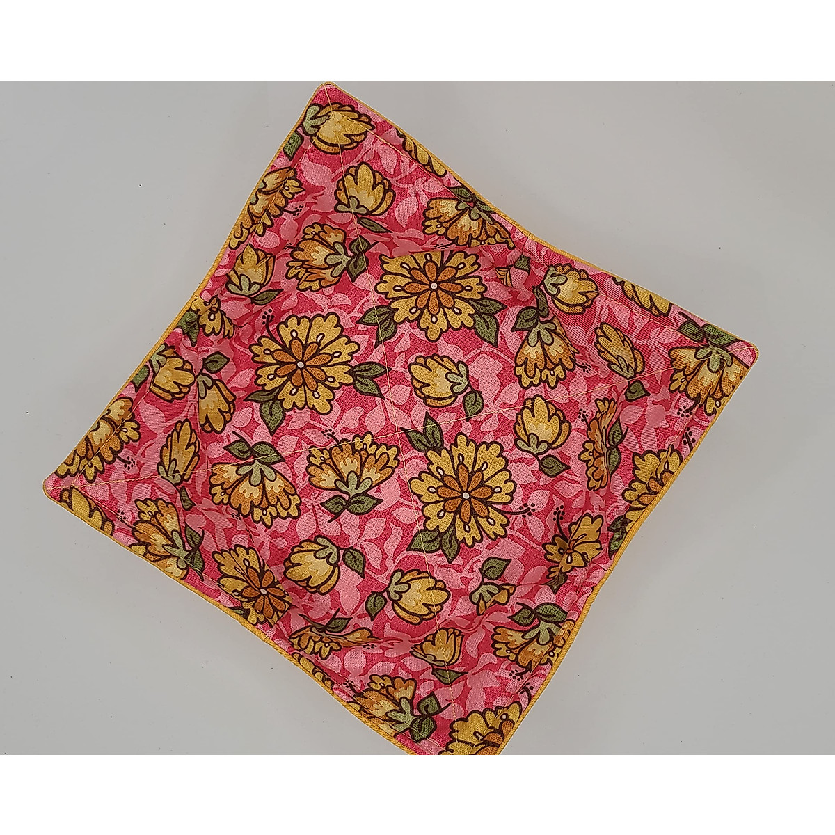 Yellow Flowers on Pink Microwave Cozy Yellow Dahlia Reversible Soup Bowl Buddy Microwaveable Potholder Floral Handmade Housewarming Hostess Mothers Day Gifts Under 10