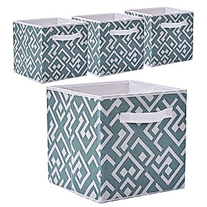 4 pc Cube Storage Bin Set – 11 inch Foldable Storage Cubes - Fabric Bins for Shelf, Closet, Clothes Organizer, 11X11 Foldable Basket, Decorative Cute Pattern Canvas Organization (Yellow, Blue & Brown) (Blue)