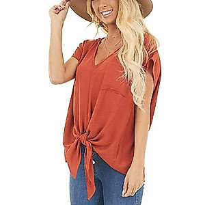 Bravetoshop Women Summer T Shirts Short Sleeve V Neck Tie Knot Pocket Tee Tops Casual Loose Blouse (Orange,L)