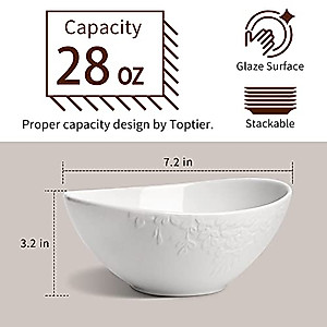 toptier Porcelain Bowls - 28 Ounce for Cereal, Salad, Desserts, Leaf Design Bowl - Set of 4, White
