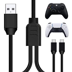 10FT (3M) Dual USB C Charger Cable for PS5 Console, Dual Type C Charge Cord for Playstation 5 Dualsense, Xbox Series x, Switch, Switch Lite Controller, USB A Male to 2 Male USB C.(Black, 10FT)