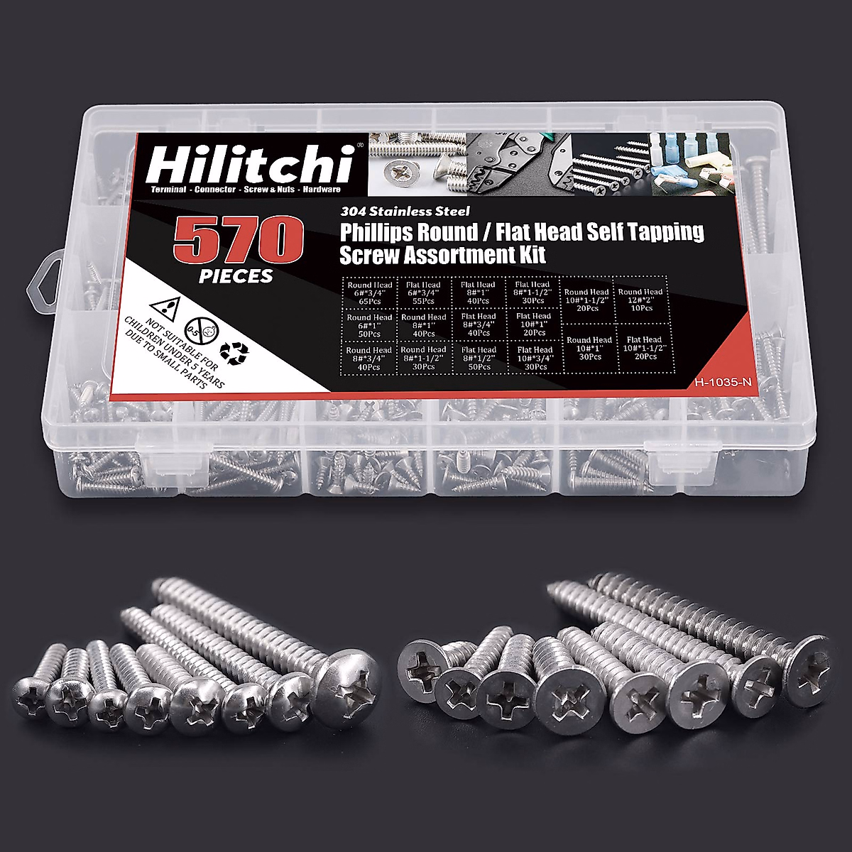 Hilitchi 570 Piece M 3 4 5 6 Stainless Steel Phillips Round Flat Head Self Tapping Screw Assortment Kit
