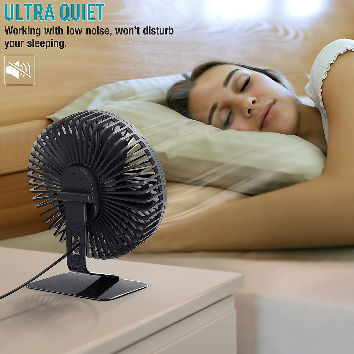 xasla 6'' USB Desk Fan, 4 Speeds Small Desk Fan, Ultra Quiet Electric Plug In, 90° Adjustment, Strong Wind, USB Powered, Portable Desktop Table Fan for Home Office