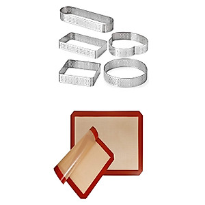 Silicone Baking Mat with Baking tart rings set of 5,Stainless Steel tart ring, Heat-resistant nonstick tart ring, muffin rings, molds and cake.